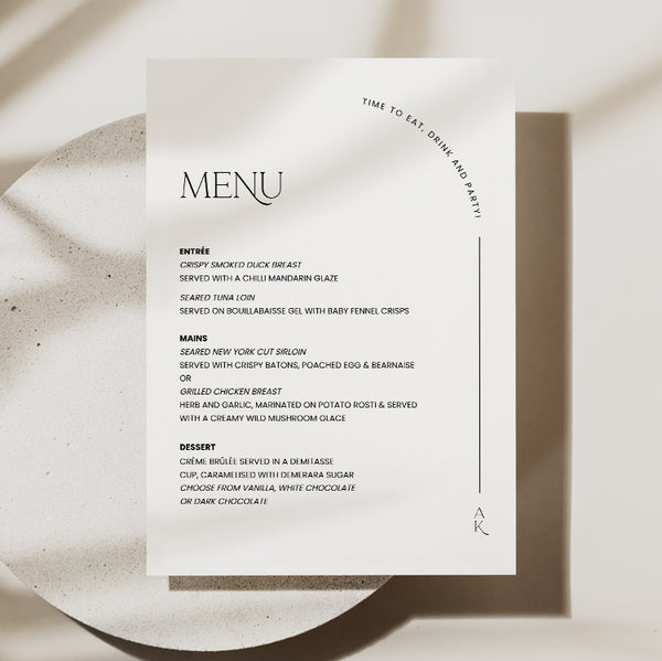 Modern Wedding Menu Template Online, AU | TWS