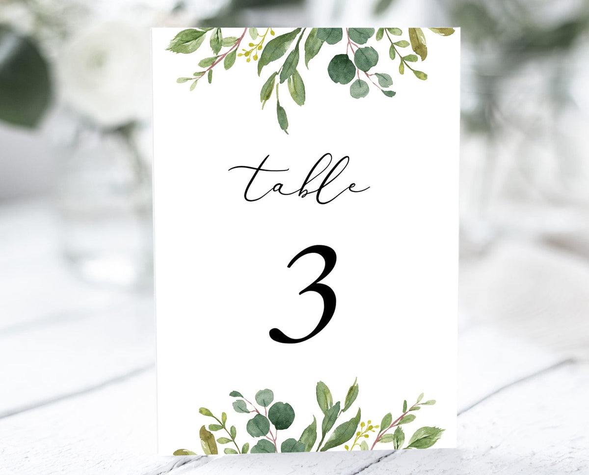 Table Number Card Template for Eucalyptus Wedding Theme, US | TWS