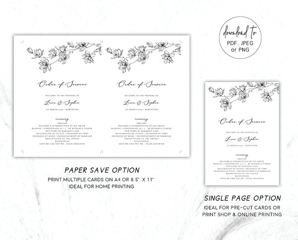 Magnolia Flower Wedding Order of Service Card – TimberWink Studio AU