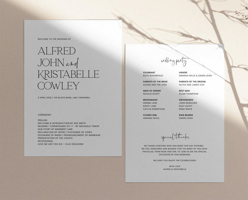 Modern Wedding Program & Order of Service Card – TimberWink Studio AU
