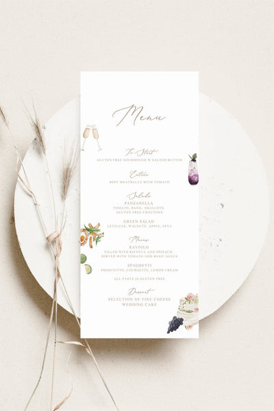 Watercolour Wedding Menu Template Online – TimberWink Studio NZ